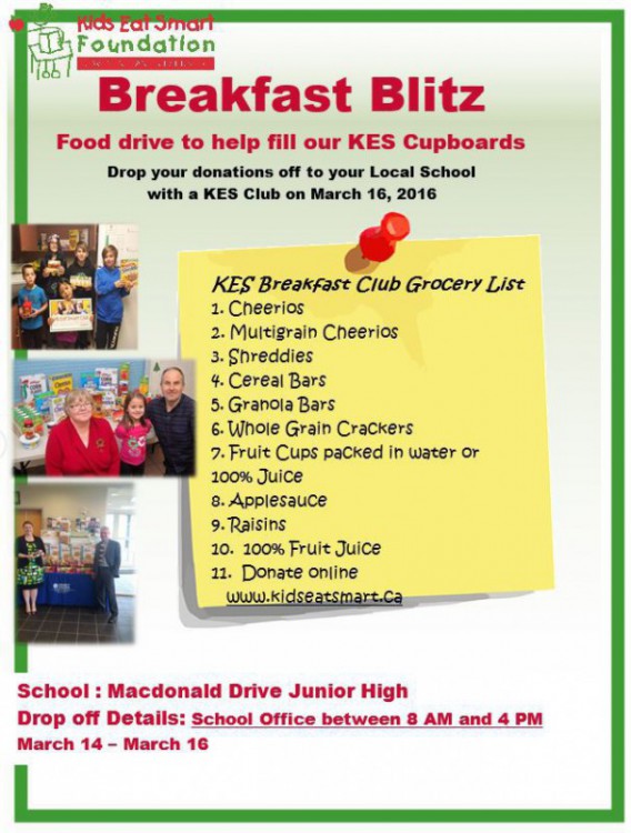 Kids Eat Smart Breakfast Blitz Food Drive – Macdonald Drive Junior High