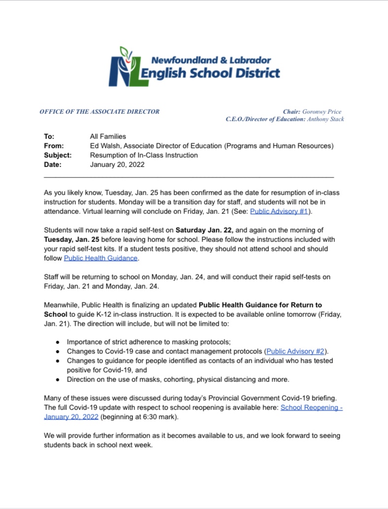 Resumption of In-Class Instruction – Macdonald Drive Junior High